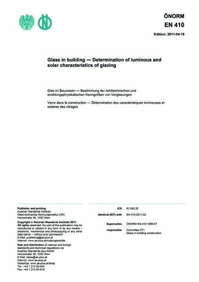 ONORM EN 410:2011 - Glass in building - Determination of luminous and ...
