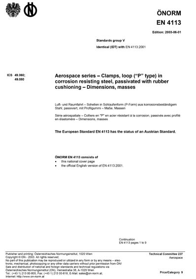 ONORM EN 4113:2003 - Aerospace series - Clamps, loop (P type) in ...