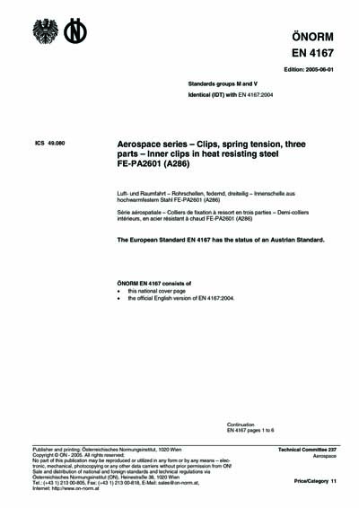 ONORM EN 4167:2005 - Aerospace series - Clips, spring tension, three ...