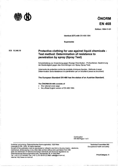 ONORM EN 468:1994 - Protective clothing for use against liquid ...