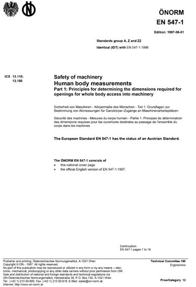ONORM EN 547-1:1997 - Safety of machinery - Human body measurements ...