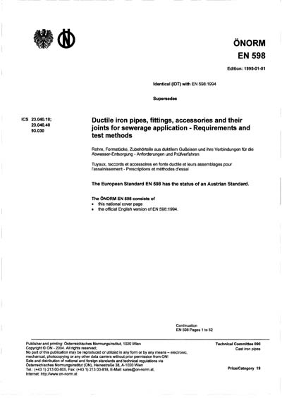 ONORM EN 598:1995 - Ductile iron pipes, fittings, accessories and their ...