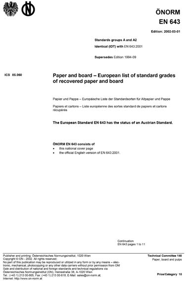 ONORM EN 643:2002 - Paper and board - European list of standard grades ...