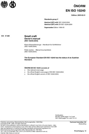 ONORM EN ISO 10240:2005 - Small craft - Owner's manual (ISO 10240:2004 ...