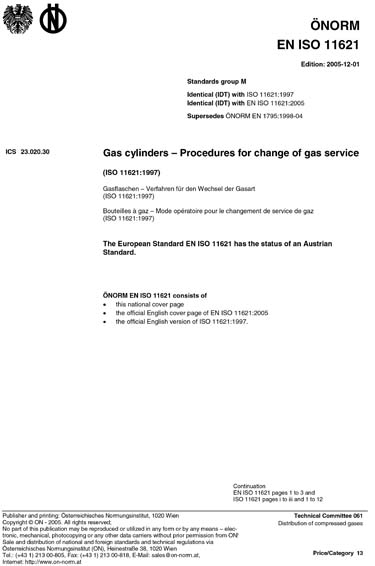 ONORM EN ISO 11621:2005 - Gas cylinders - Procedures for change of gas ...