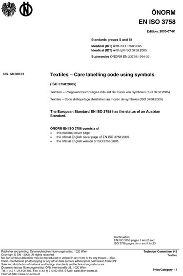 ONORM EN ISO 3758:2005 - Textiles - Care labelling code using symbols ...