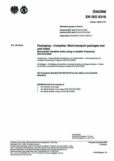 ONORM EN ISO 8318:2003 - Packaging - Complete, filled transport ...