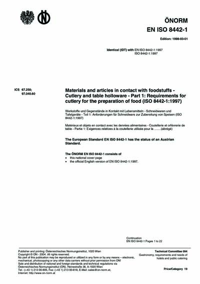 ONORM EN ISO 8442-1:1998 - Materials and articles in contact with ...