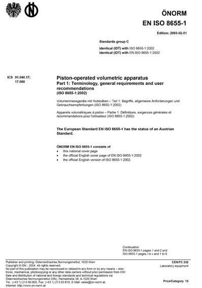 ONORM EN ISO 8655-1:2003 - Piston-operated volumetric apparatus - Part ...