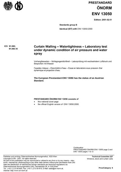 ONORM ENV 13050:2001 - Curtain Walling - Watertightness - Laboratory ...