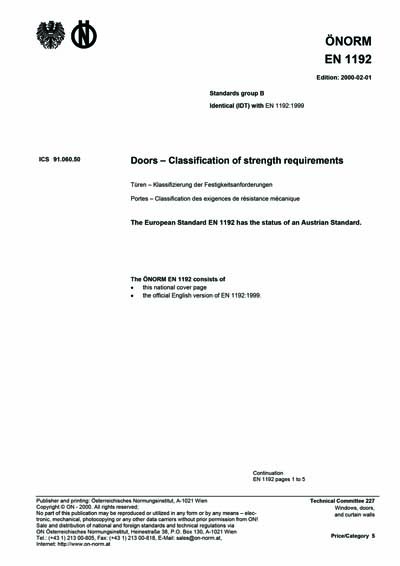 ONORM EN 1192:2000 - Doors - Classification of strength requirements ...