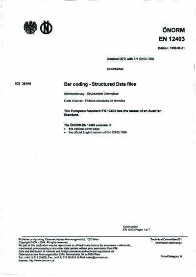 ONORM EN 12403:1998 - Bar coding - Structured Data files (Austrian ...