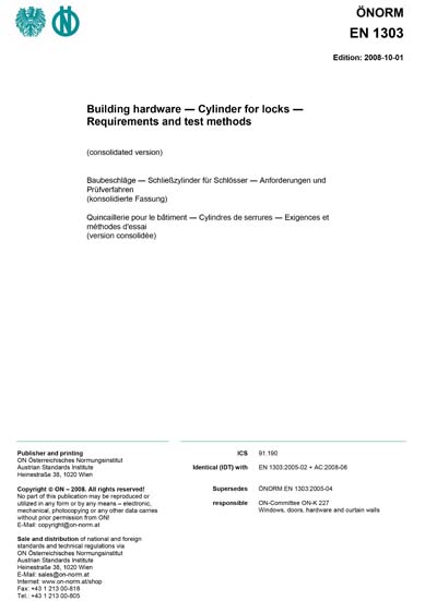 ONORM EN 1303:2008 - Building hardware - Cylinders for locks ...