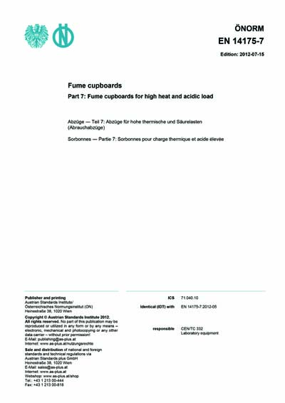 ONORM EN 14175-7:2012 - Fume cupboards - Part 7: Fume cupboards for ...