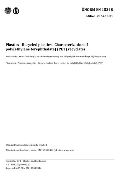 ONORM EN 15348:2024 - Plastics - Recycled plastics - Characterization ...