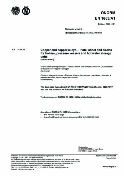ONORM EN 1653/A1:2001 - Copper and copper alloys - Plate, sheet and ...