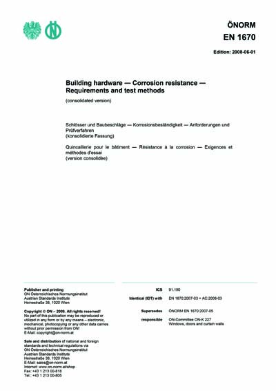 ONORM EN 1670:2008 - Building hardware - Corrosion resistance ...