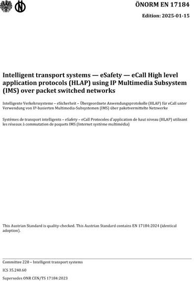 ONORM EN 17184:2025 - Intelligent transport systems — eSafety — eCall ...