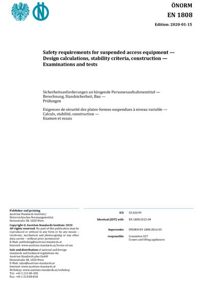 ONORM EN 1808:2020 - Safety requirements for suspended access equipment ...