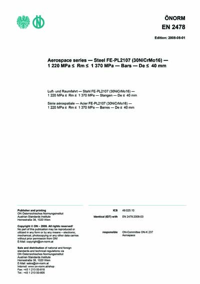 ONORM EN 2478:2008 - Aerospace series - Steel FE-PL2107 (30NiCrMo16 ...