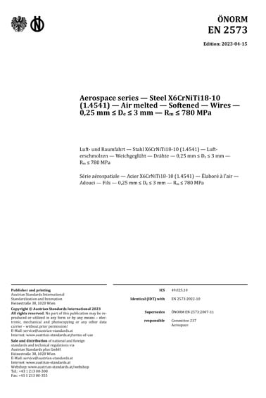 ONORM EN 2573:2023 - Aerospace series - Steel X6CrNiTi18-10 (1.4541 ...