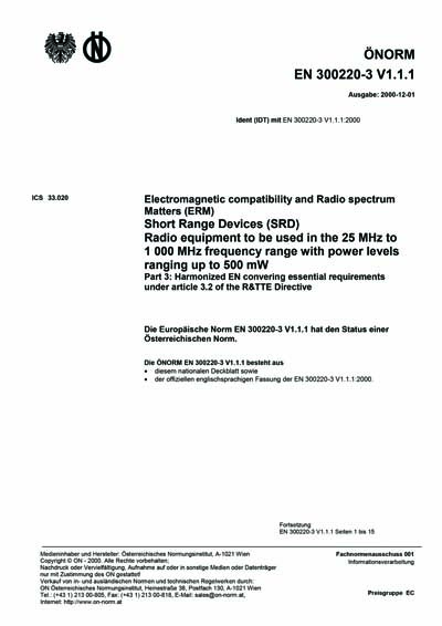 ONORM EN 300220-3 V 1.1.1:2000 - Electromagnetic compatibility and ...