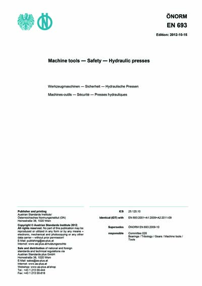 ONORM EN 693:2012 - Machine tools - Safety - Hydraulic presses ...