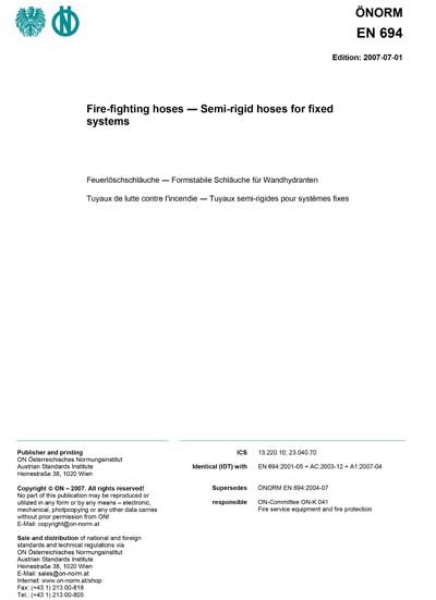 ONORM EN 694:2007 - Fire-fighting hoses - Semi-rigid hoses for fixed ...