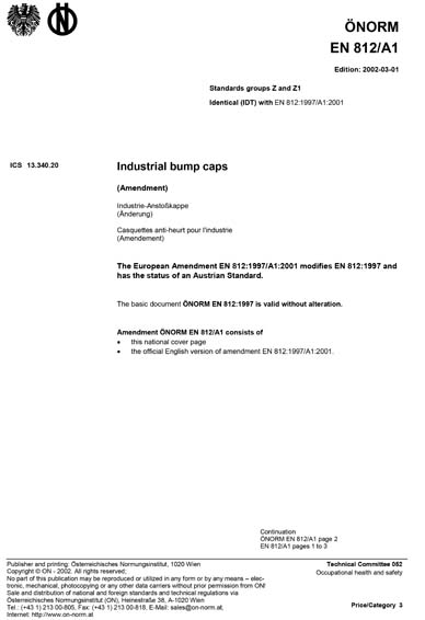 ONORM EN 812/A1:2002 - Industrial bump caps (Amendment)