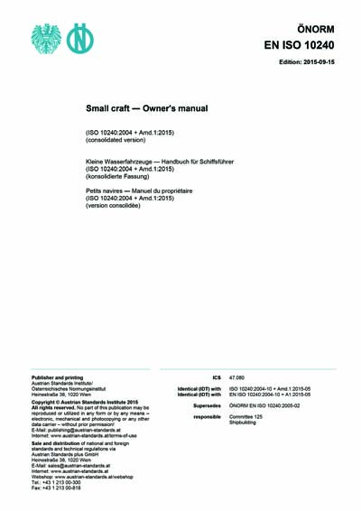 ONORM EN ISO 10240:2015 - Small craft - Owner's manual (ISO 10240:2004 ...