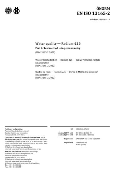 ONORM EN ISO 13165-2:2023 - Water quality - Radium-226 - Part 2: Test ...