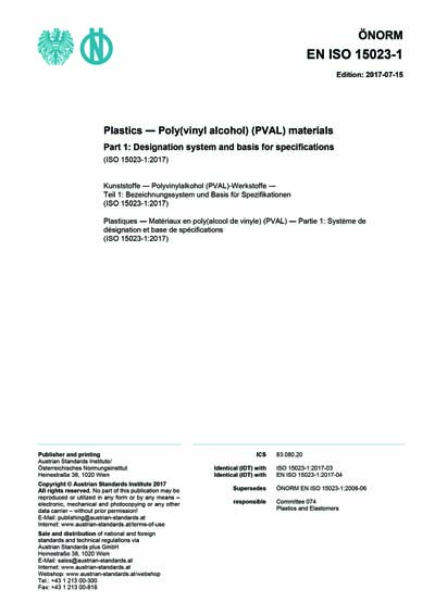 ONORM EN ISO 15023-1:2017 - Plastics - Poly(vinyl alcohol) (PVAL ...