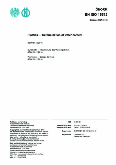 ONORM EN ISO 15512:2017 - Plastics - Determination of water content ...