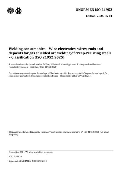 ONORM EN ISO 21952:2025 - Welding consumables - Wire electrodes, wires ...