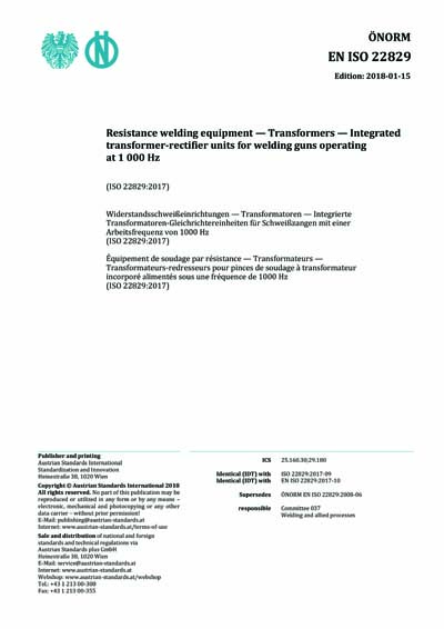 ONORM EN ISO 22829:2018 - Resistance welding equipment - Transformers ...