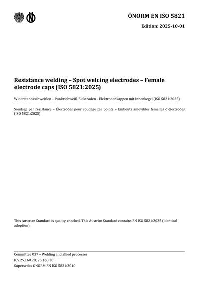 ONORM EN ISO 5821:2025 - Resistance welding - Spot welding electrodes ...