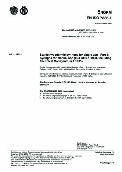ONORM EN ISO 7886-1:1998 - Sterile hypodermic syringes for single use ...