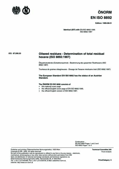 ONORM EN ISO 8892:1995 - Oilseed residues - Determination of total ...