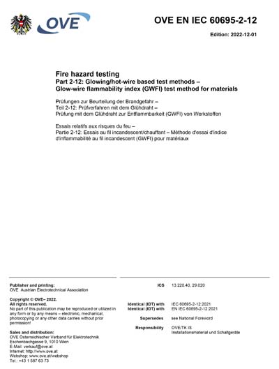 OVE EN IEC 60695-2-12:2022 - Fire hazard testing -- Part 2-12: Glowing ...