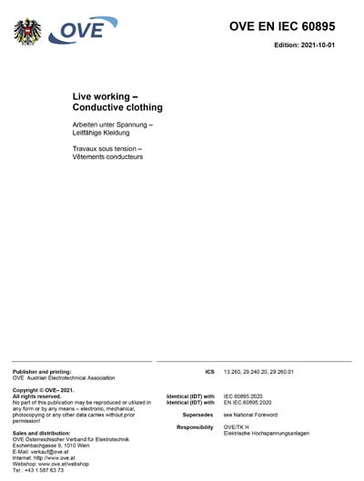 OVE EN IEC 60895:2021 - Live working - Conductive clothing ((IEC 60895: ...