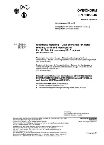 OVE/ONORM EN 62056-46:2003 - Electricity metering - Data exchange for ...
