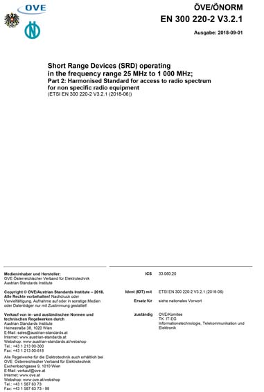 OVE/ONORM EN 300220-2 V3.2.1:2018 - Short Range Devices (SRD) operating ...