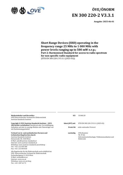 OVE/ONORM EN 300220-2 V3.3.1:2025 - Short Range Devices (SRD) operating ...