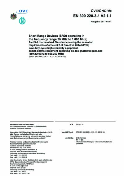 OVE/ONORM EN 300220-3-1 V2.1.1:2017 - Short Range Devices (SRD ...