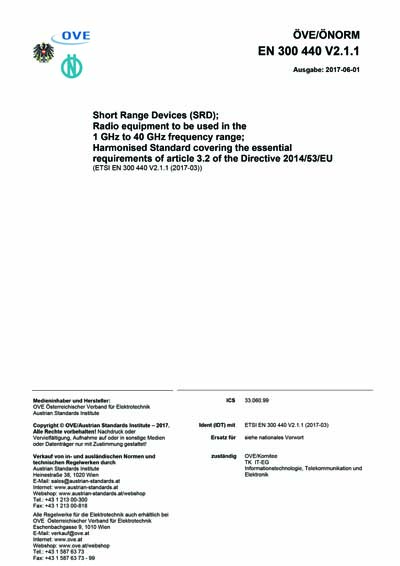 OVE/ONORM EN 300440 V2.1.1:2017 - Short Range Devices (SRD); Radio ...