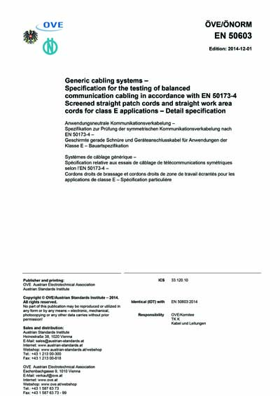 OVE/ONORM EN 50603:2014 - Generic cabling systems - Specification for ...