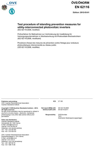 OVE/ONORM EN 62116:2012 - Test procedure of islanding prevention ...