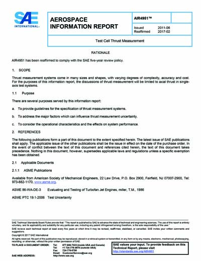 SAE AIR 4951-2011 (SAE AIR4951-2011) - Test Cell Thrust Measurement