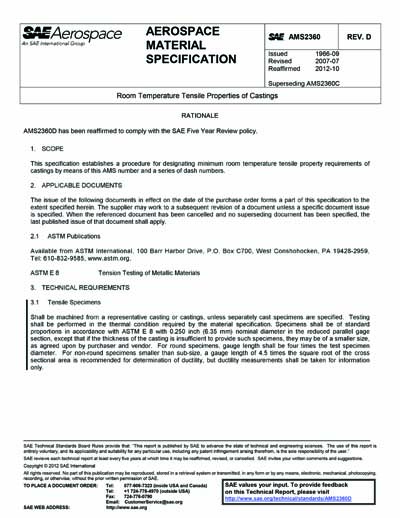 SAE AMS 2360D-2007 (SAE AMS2360D-2007) - Room Temperature Tensile ...