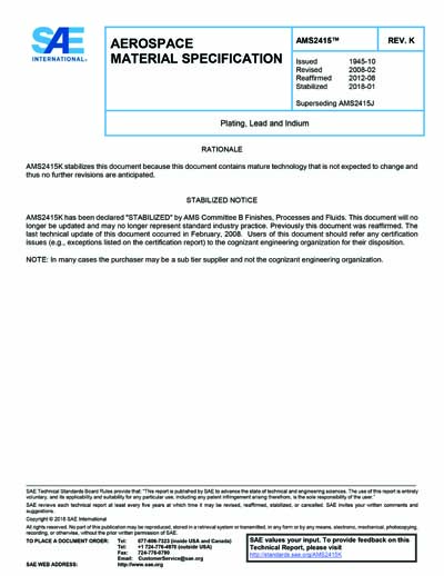 SAE AMS 2415K-2018 - Plating, Lead and Indium